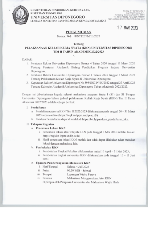 Surat Pengumuman Pelaksanaan KKN Tim II 2023 - S1 Hukum Fakultas Hukum Undip